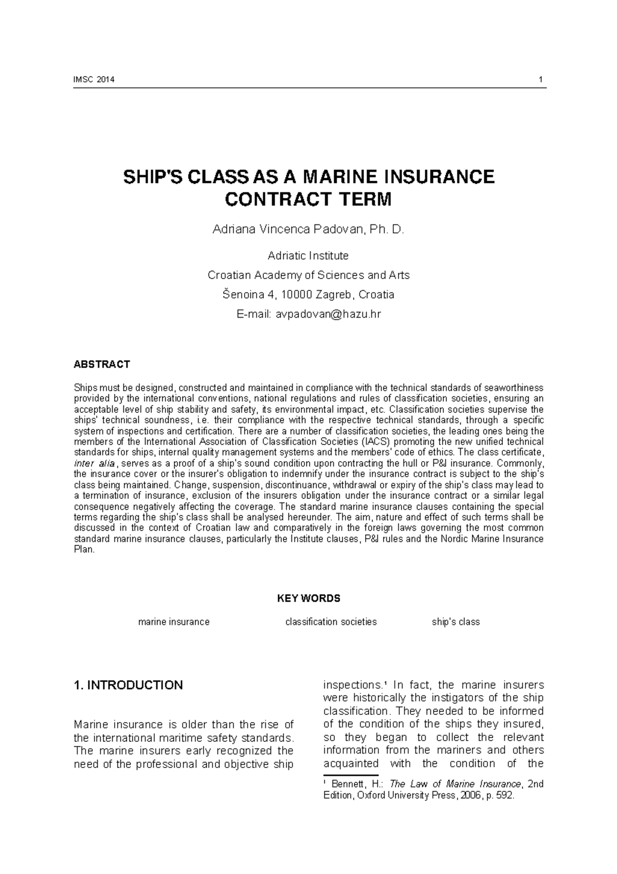 IMSC 2014 Final Exam: Ships Class as a Marine Insurance Contract Term ...