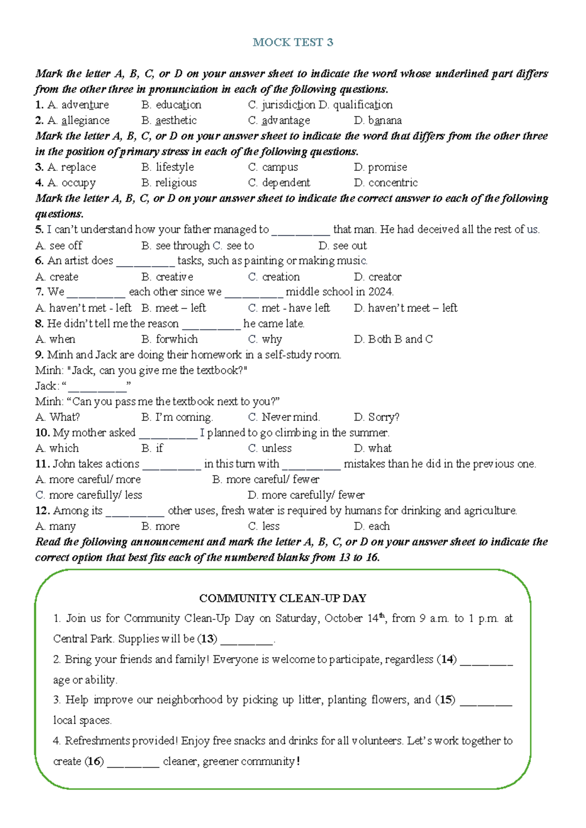 MOCK TEST 3: Pronunciation, Stress, and Vocabulary Practice - Studocu