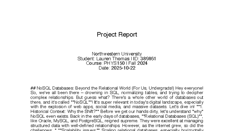 PHYS150 Project Report: Exploring NoSQL Databases for Undergrads - Studocu