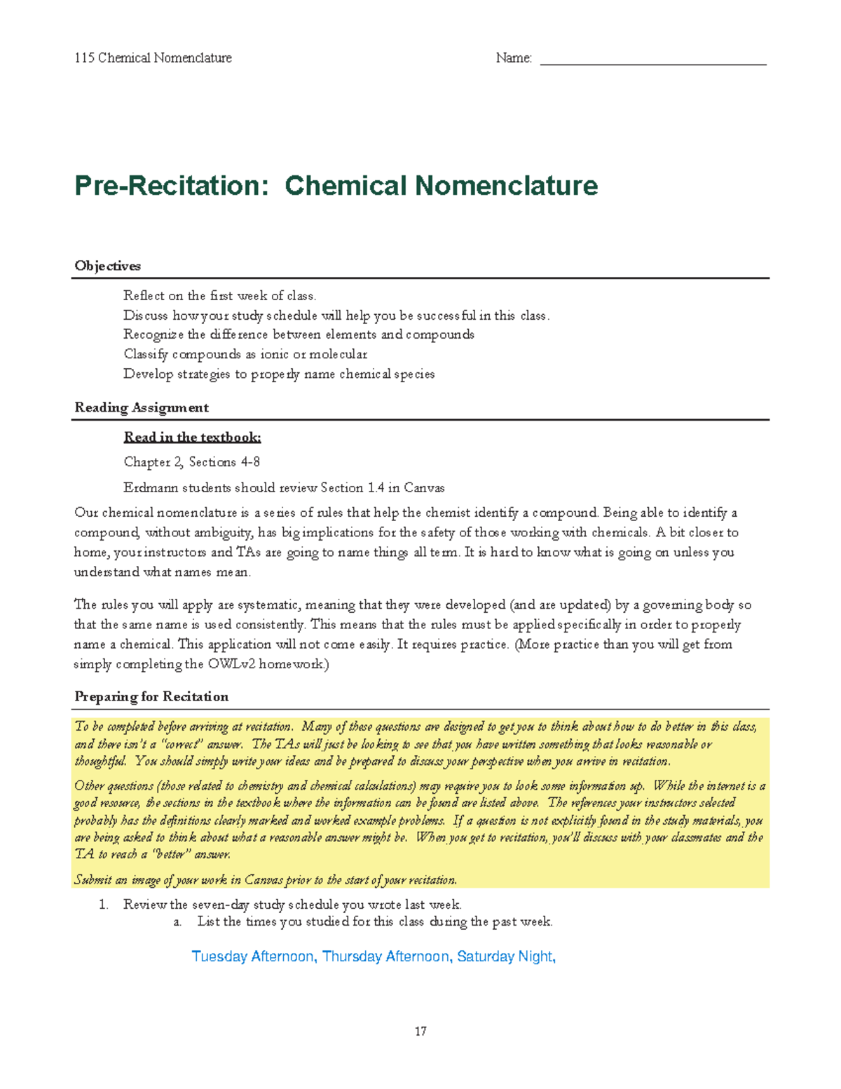 2022 CHEM 3UH5 Recitation: Nomenclature Study Guide - Studocu