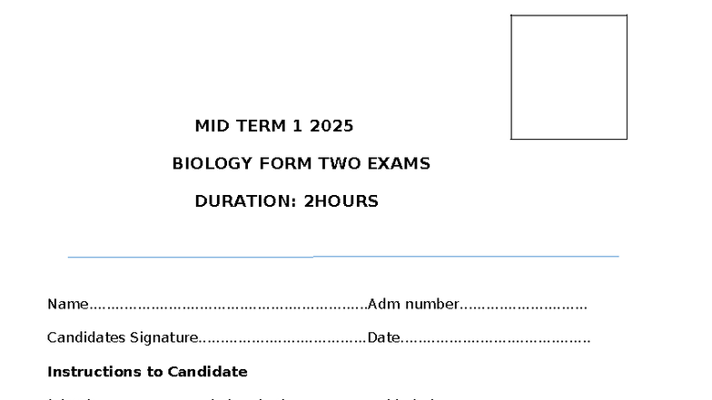 Biology Form 2 Mid Term 1 Exam Paper - 2025 Edition - Studocu