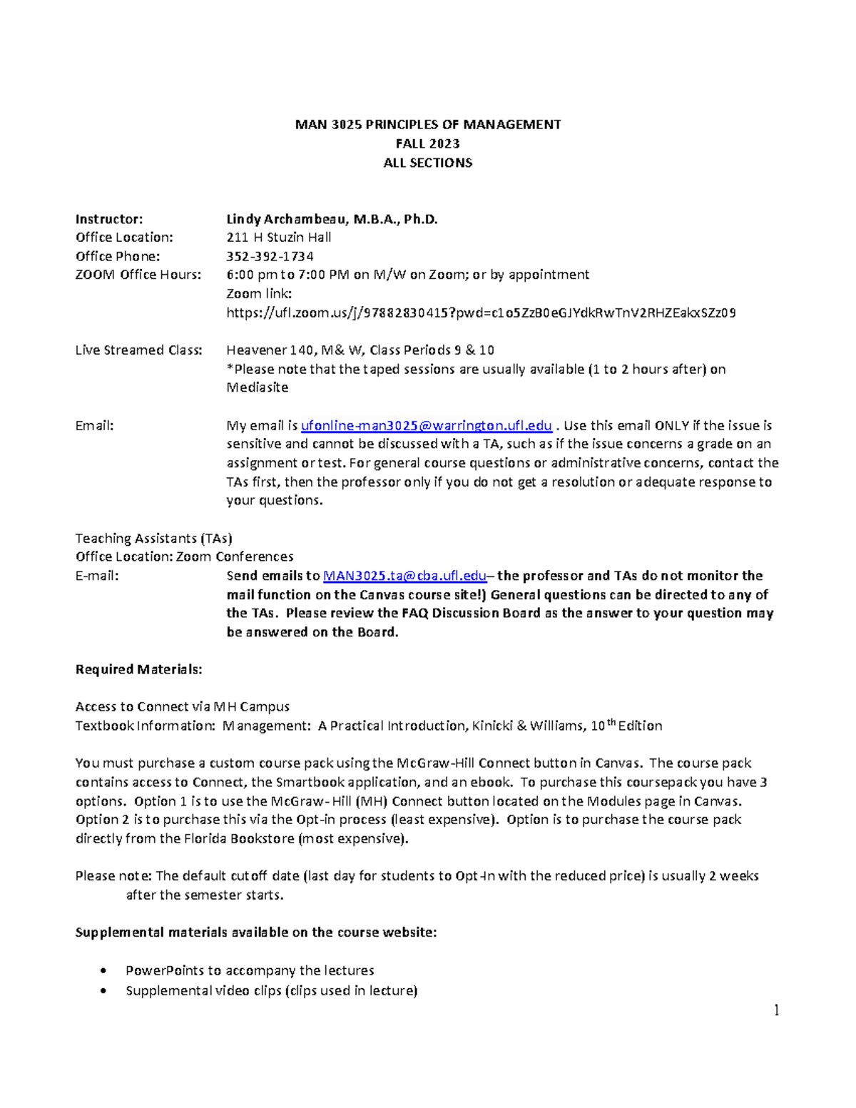 MAN3025 Principles of Management Syllabus - Fall 2023 Overview - Studocu