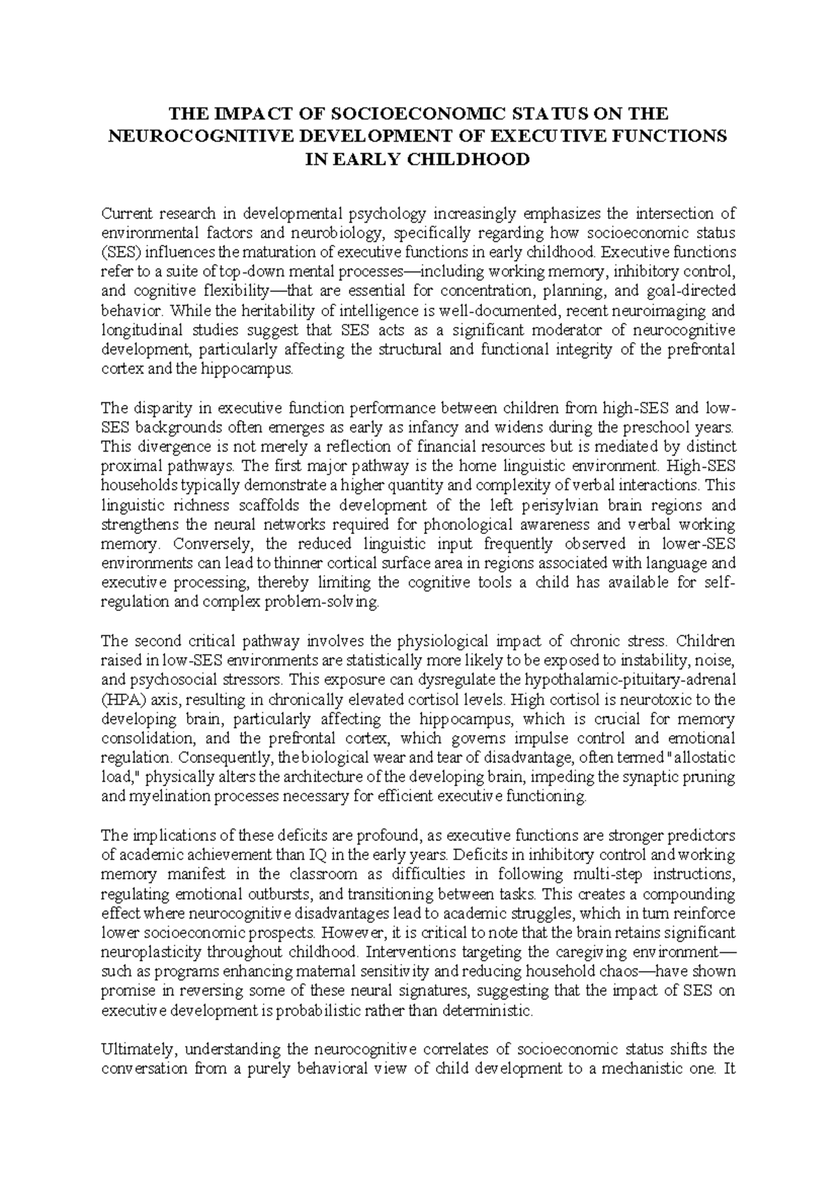 SES and Neurocognitive Development of Executive Functions in Early ...