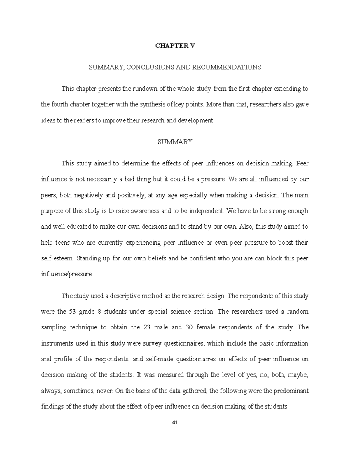 Chapter 5: Summary, Conclusions & Recommendations on Peer Influence ...