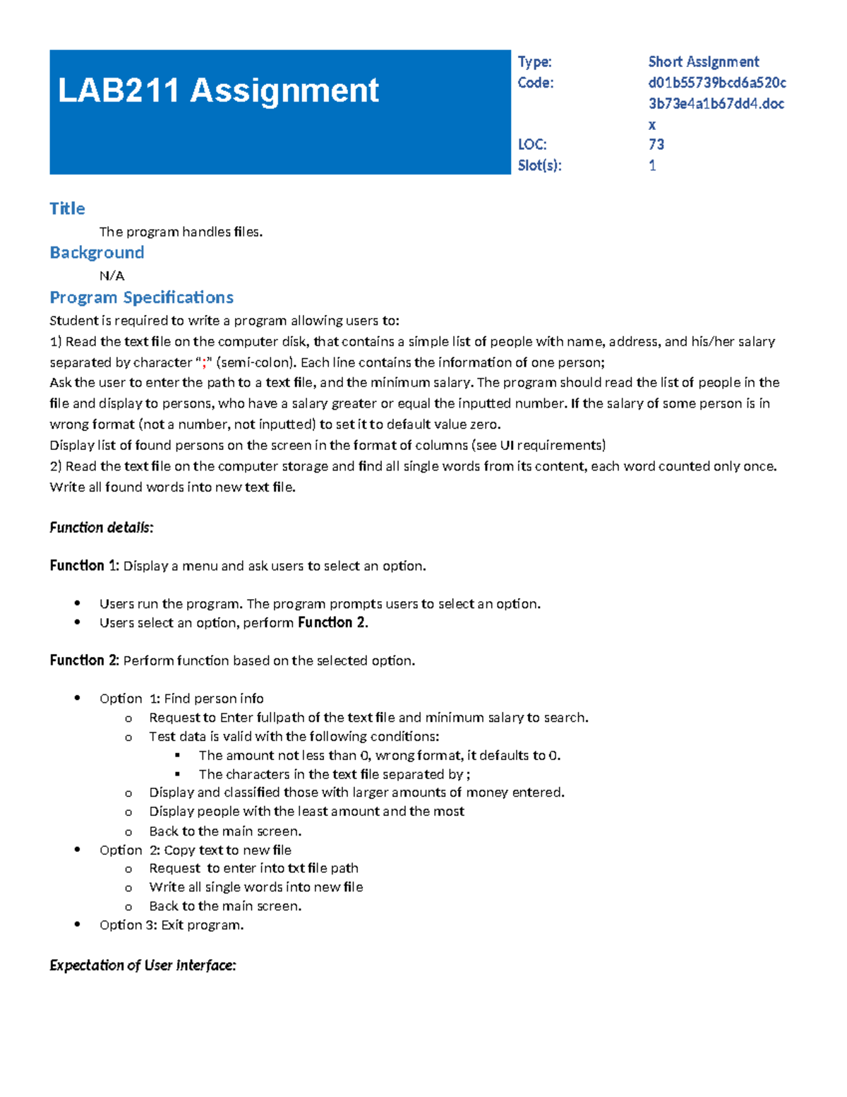 LAB211 Short Assignment: File Handling Program Specifications - Studocu