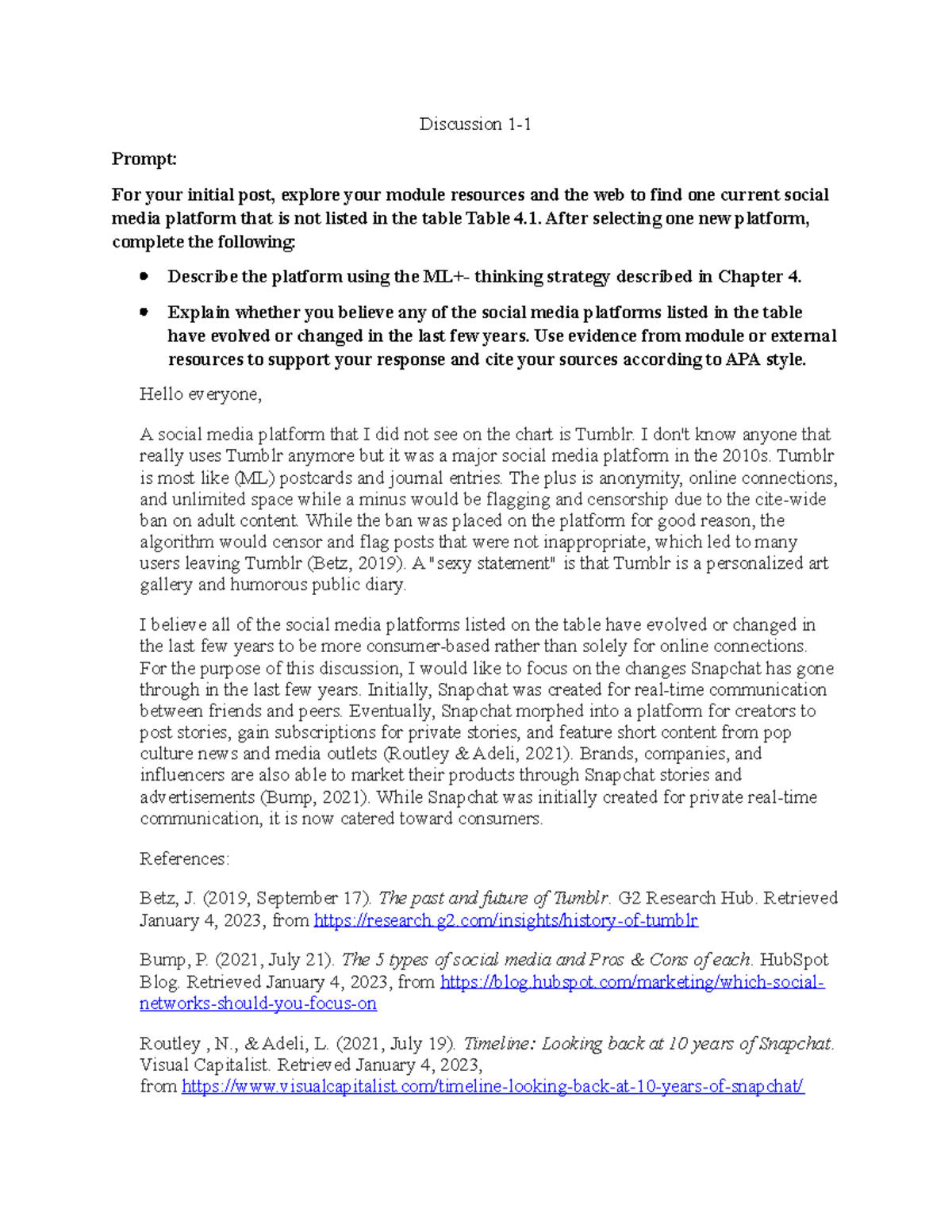 COM 311 Discussion 1: Evolution and Analysis of Social Media Platforms ...