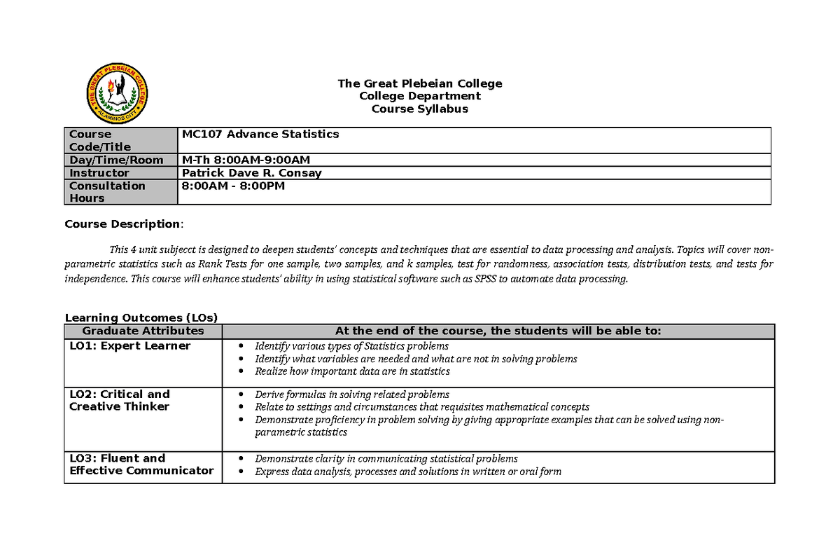 MC 107 Advanced Statistics Course Syllabus Overview - Studocu