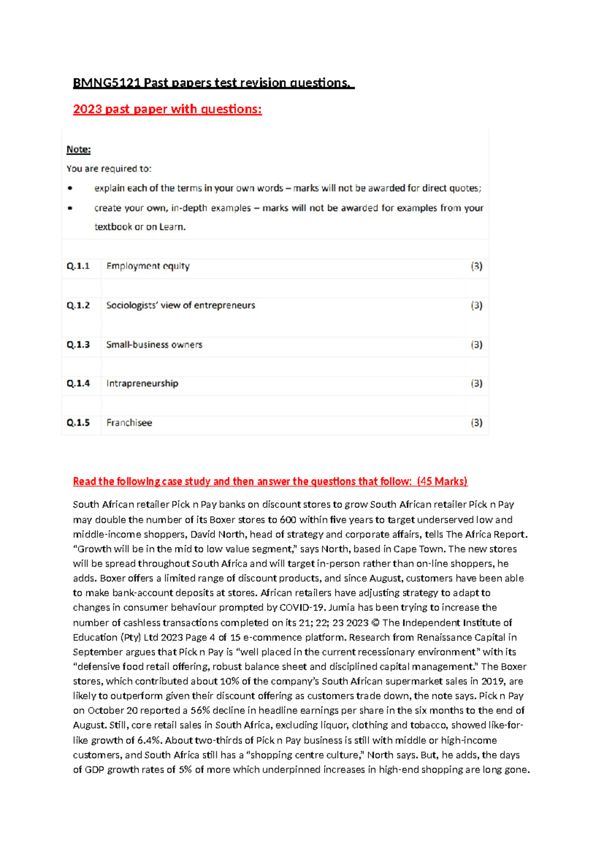 BMNG5121 Case Study Revision: Pick n Pay Growth Strategy 2023 - Studocu
