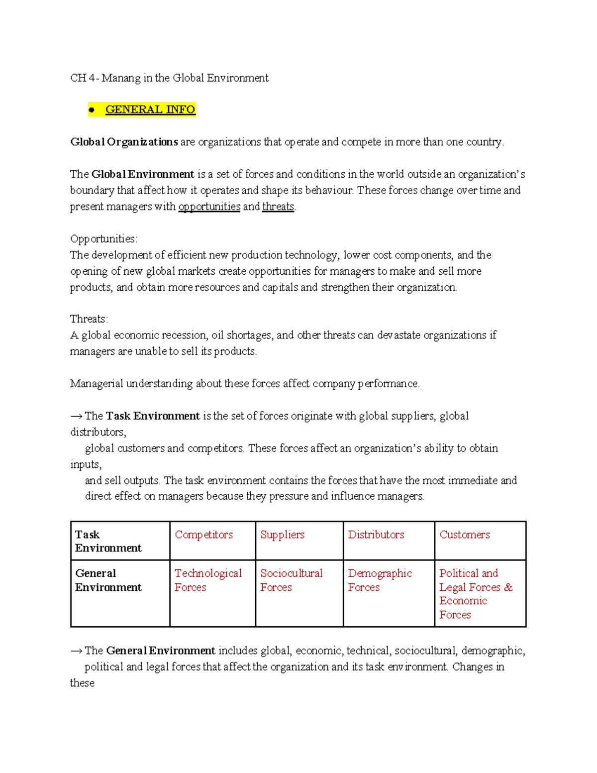 CH 4 - Managing in the Global Environment: Opportunities & Threats ...