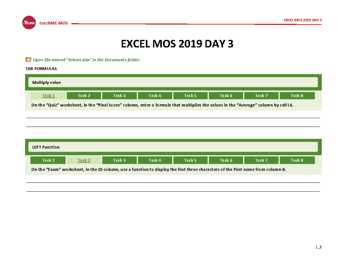 EXCEL MOS 2019 DAY 3: Formulas & Functions Practice Guide - Studocu