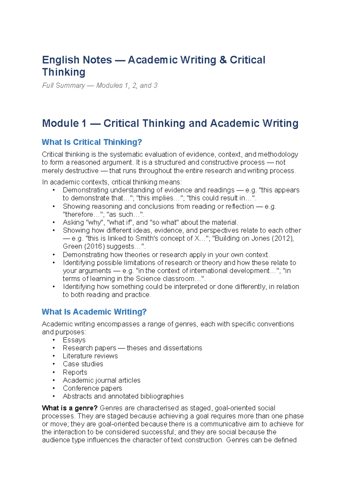 English Notes: Summary of Academic Writing & Critical Thinking (Modules ...
