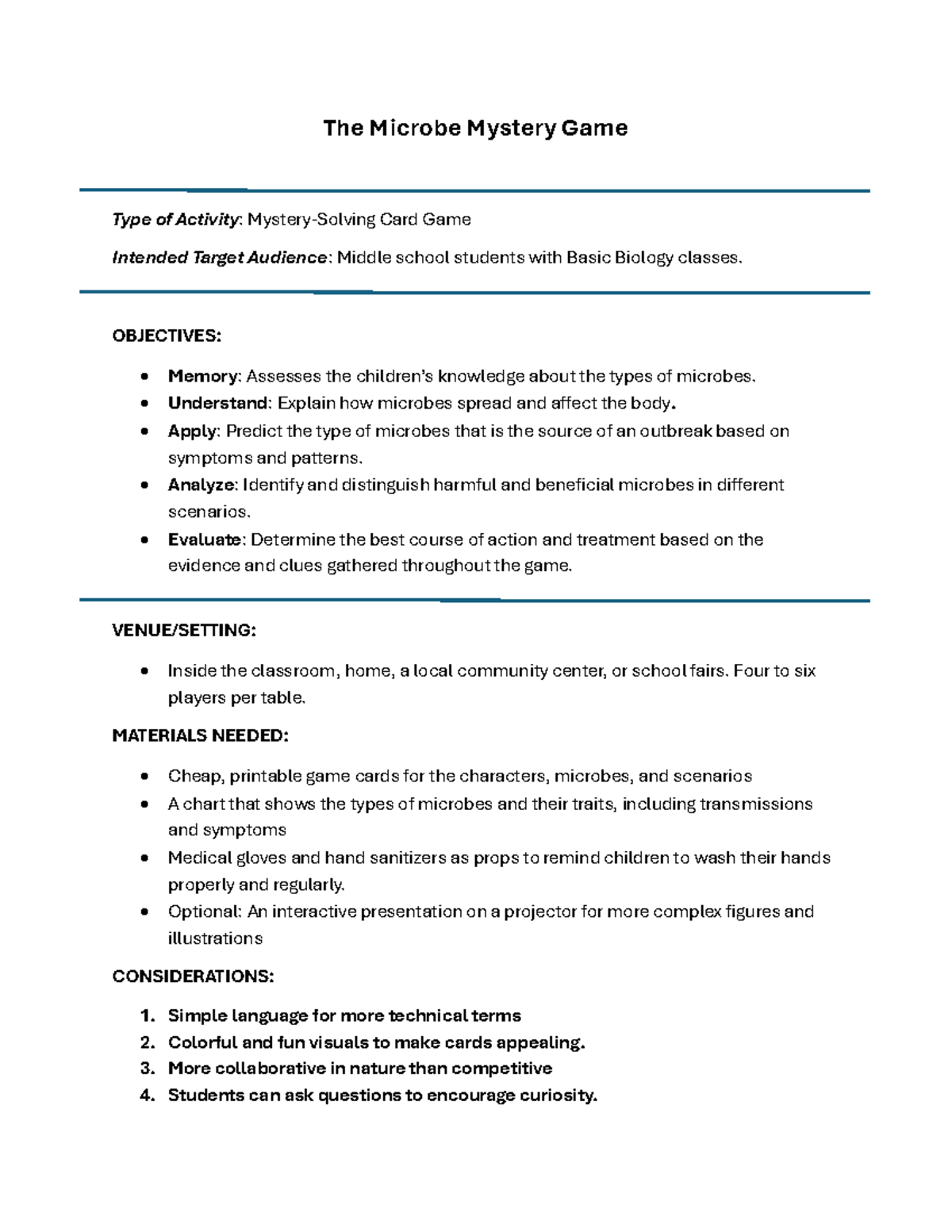 Microbe Mystery Game: Engaging Card Activity for Basic Biology - Studocu