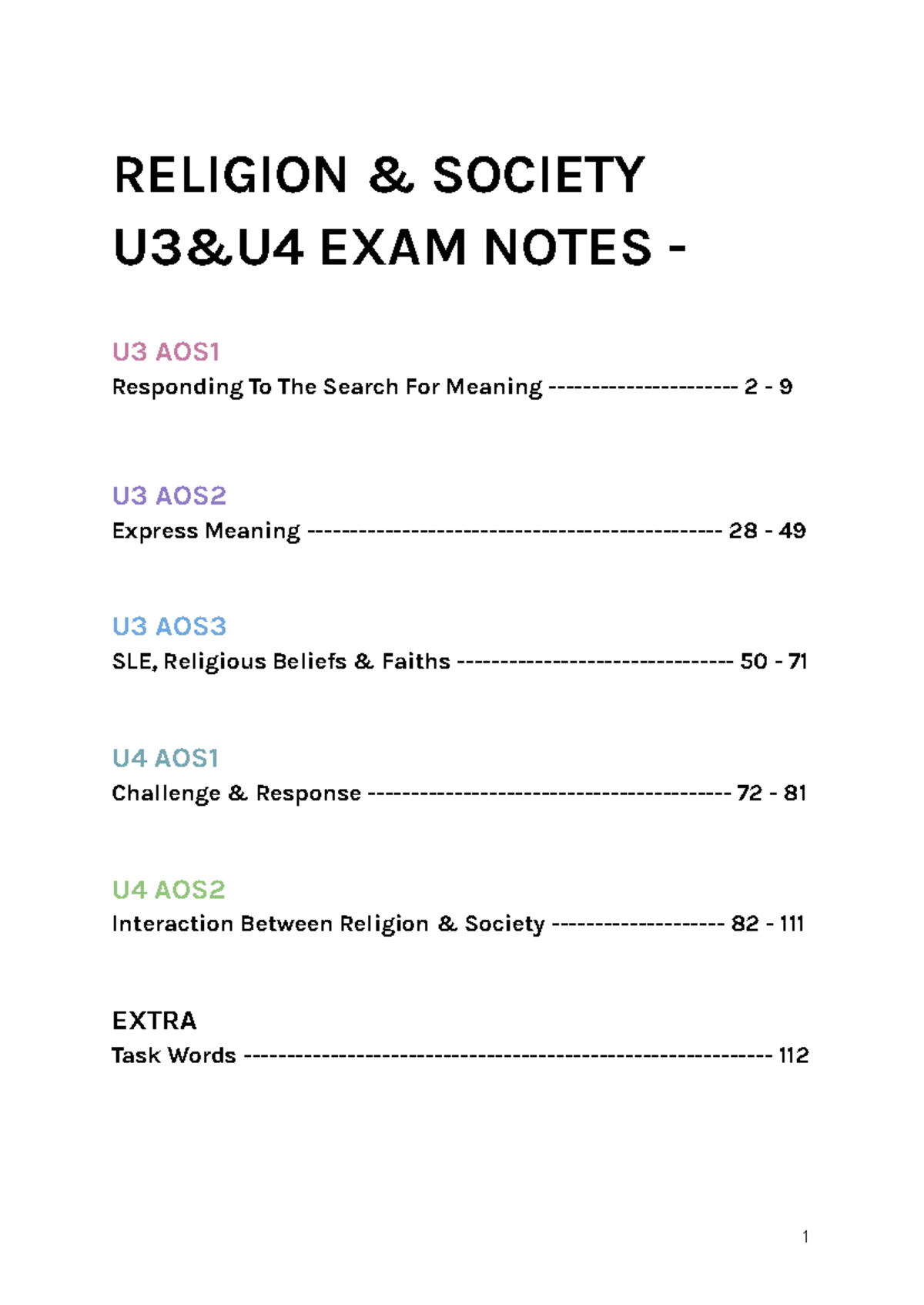 RELIGION & SOCIETY U3 & U4 EXAM NOTES: MEANING, BELIEFS & ETHICS - Studocu