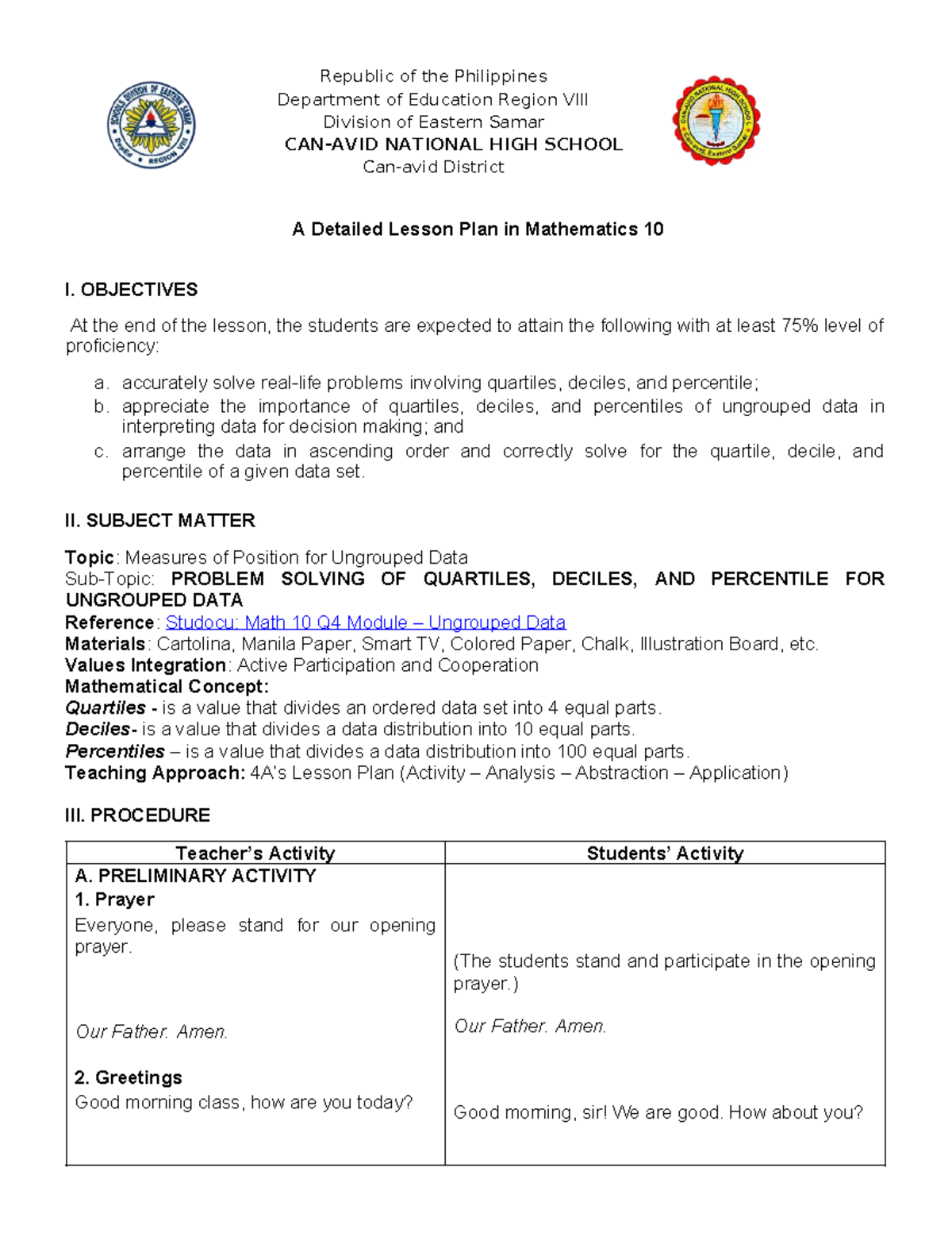 Detailed Lesson Plan: Problem Solving of Quartiles, Deciles, and ...