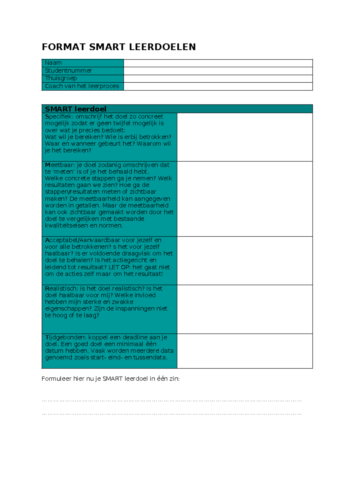 Format SMART Leerdoelen - Oefenen en Toepassen - Studeersnel