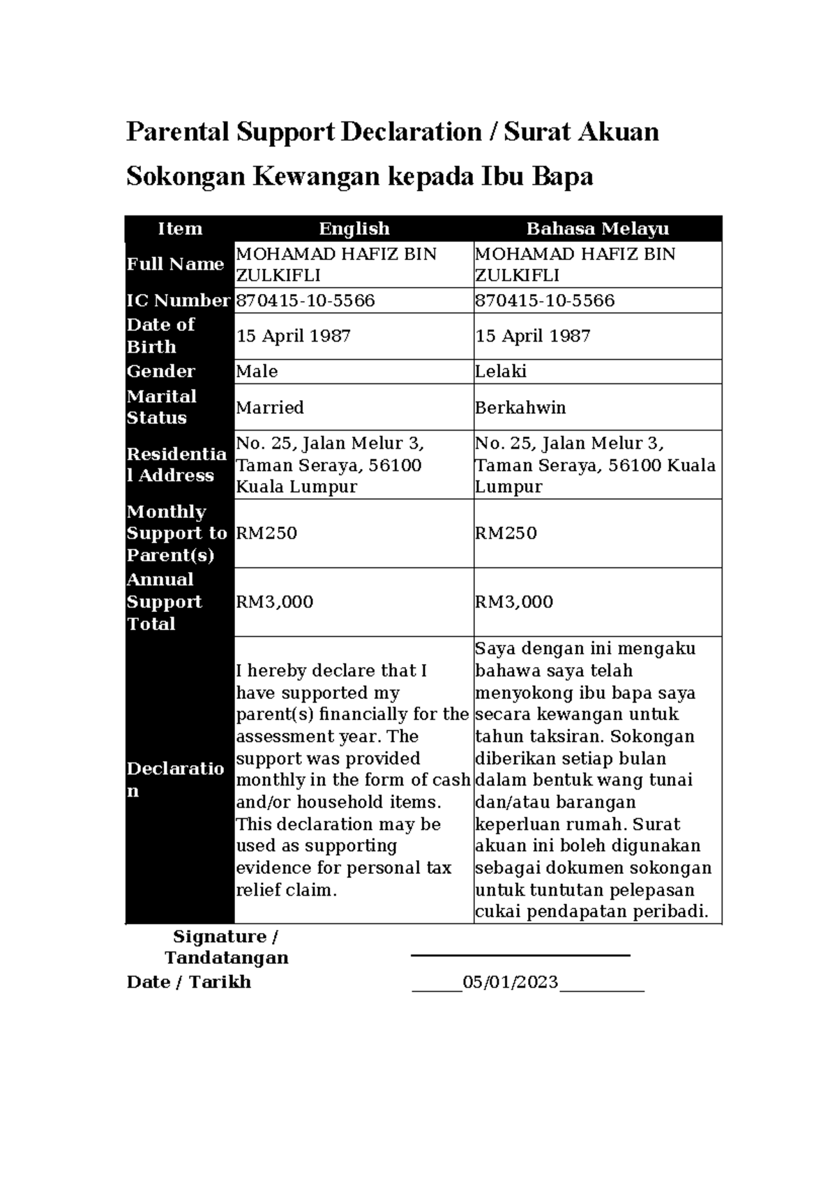 Parental Support Declaration for Tax Relief Claim - Studocu