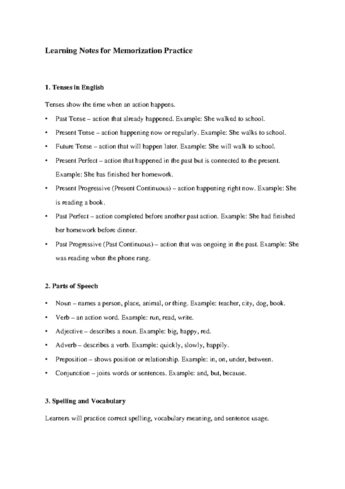English Tenses & Parts of Speech: Memorization Notes - Studocu