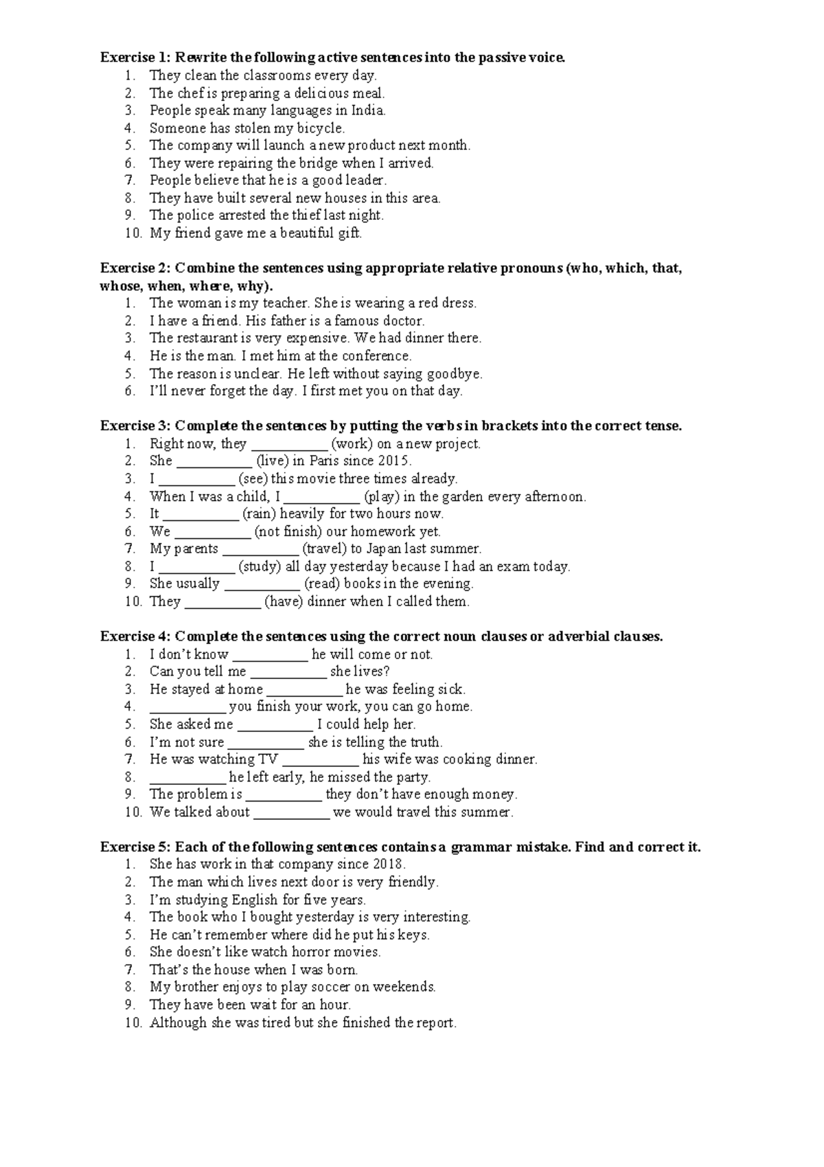 Review Exercises: Active to Passive Voice & Grammar Corrections - Studocu