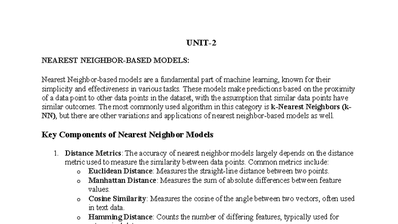 ML UNIT-2: Nearest Neighbor Models and Their Applications - Studocu