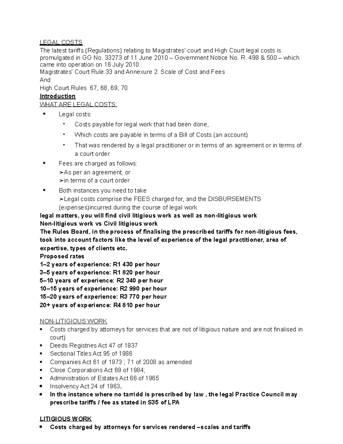 Legal Costs Overview: Tariffs and Calculations (HC Rules) - Studocu