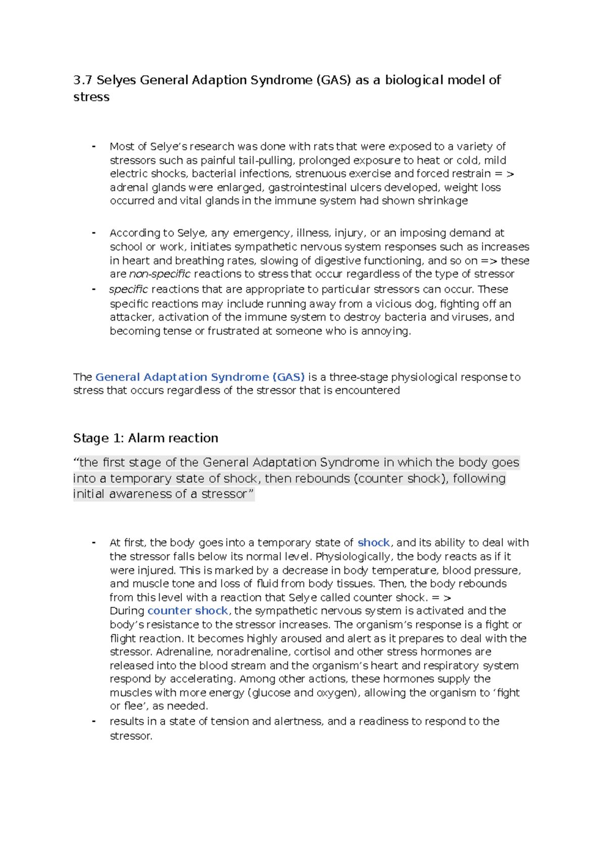 3.7 GAS - Detailed Notes on Selye's General Adaptation Syndrome - Studocu