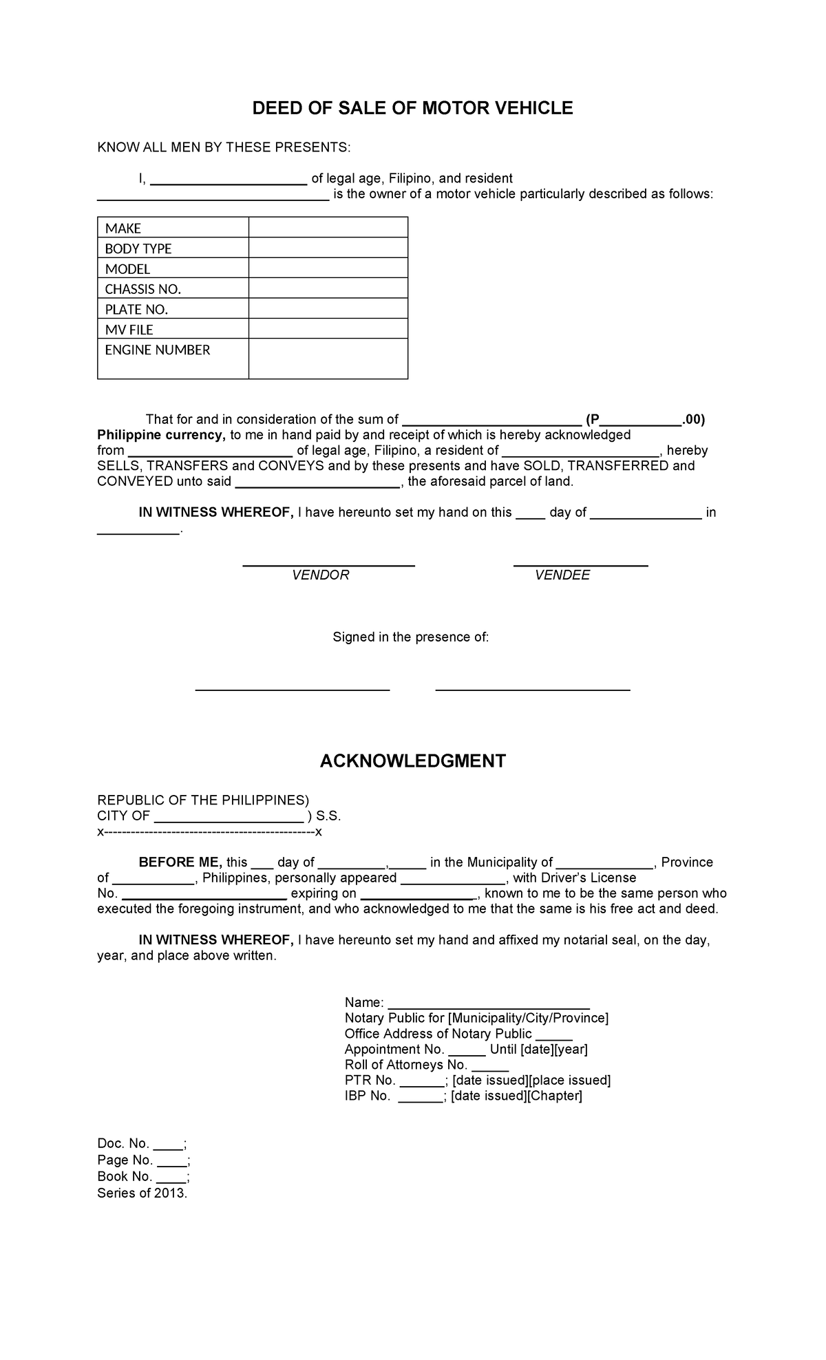 Deed of Sale of Motor Vehicle - Legal Document Template - Studocu