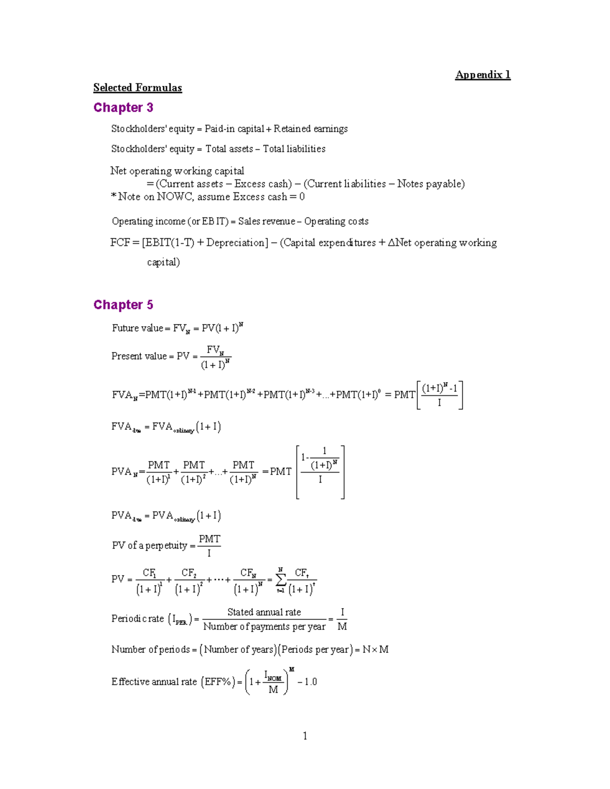 Selected Formulas - Useful formula sheet - Appendix 1 Selected Formulas ...