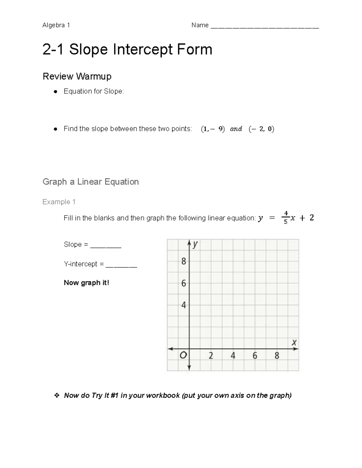 Algebra 1: Slope-Intercept Form Review & Warmup Notes - Studocu