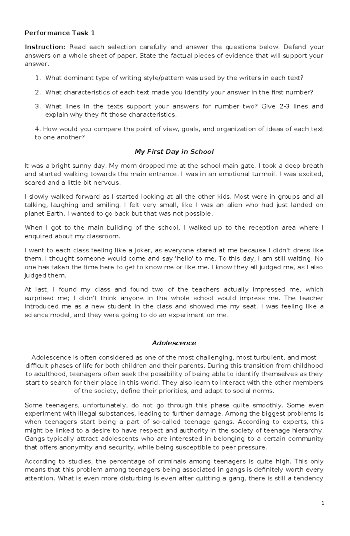 Performance-Task-1 - ... - Performance Task 1 Instruction: Read each ...