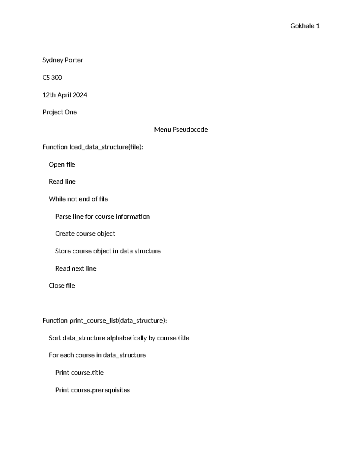 CS 300 Project One: Menu and Course List Pseudocode Guide - Studocu