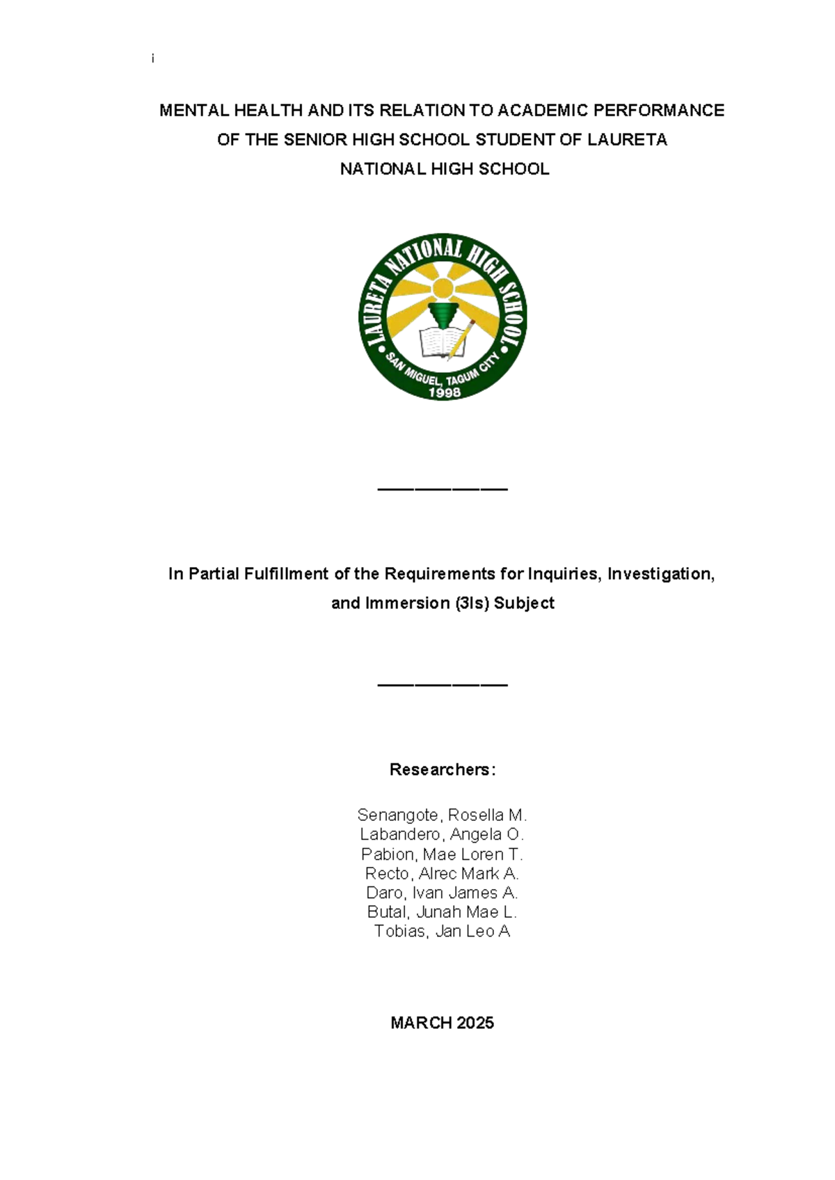 Mental Health and Academic Performance (3Is) - Case Study of SHS ...