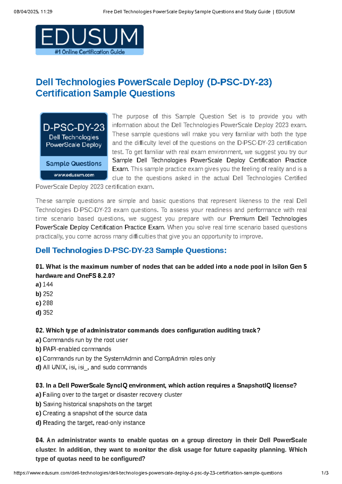 Dell Technologies PowerScale Deploy D-PSC-DY-23 Exam Sample Questions Guide - Studocu