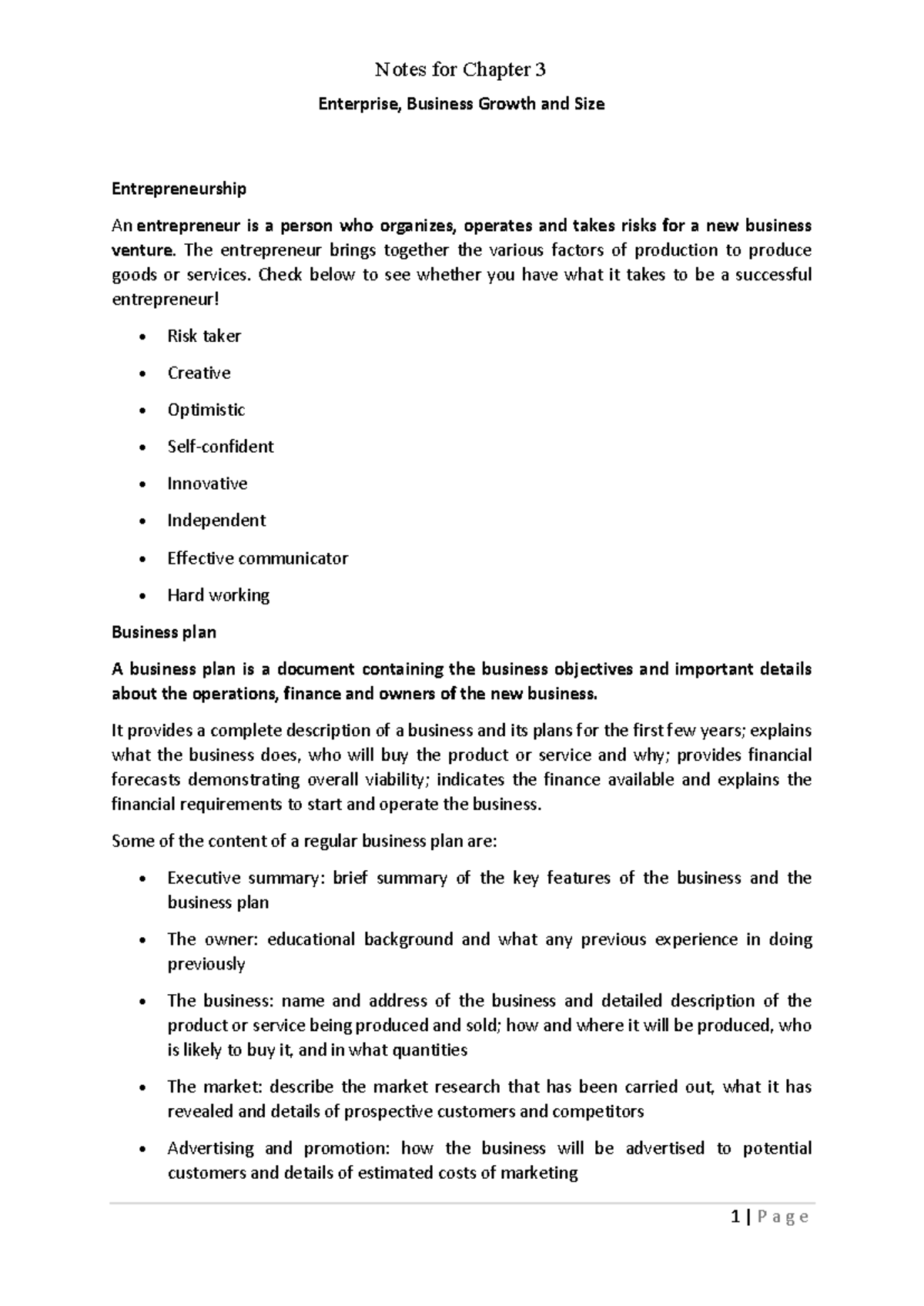 Chapter 3 Notes: Enterprise, Business Growth & Size (1.3) - Studocu