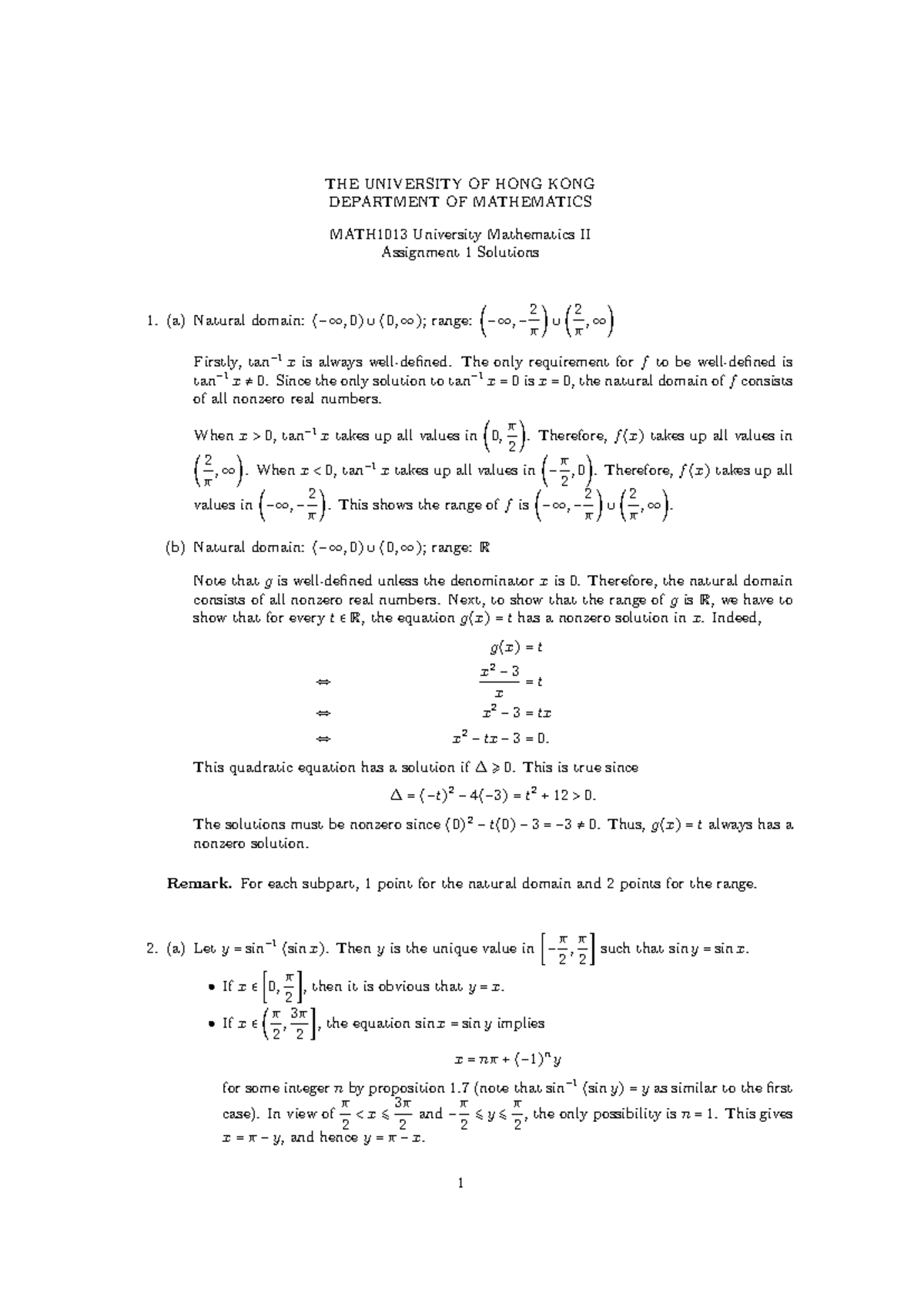MATH1013 Assignment 1 Solutions - University Mathematics II - Studocu