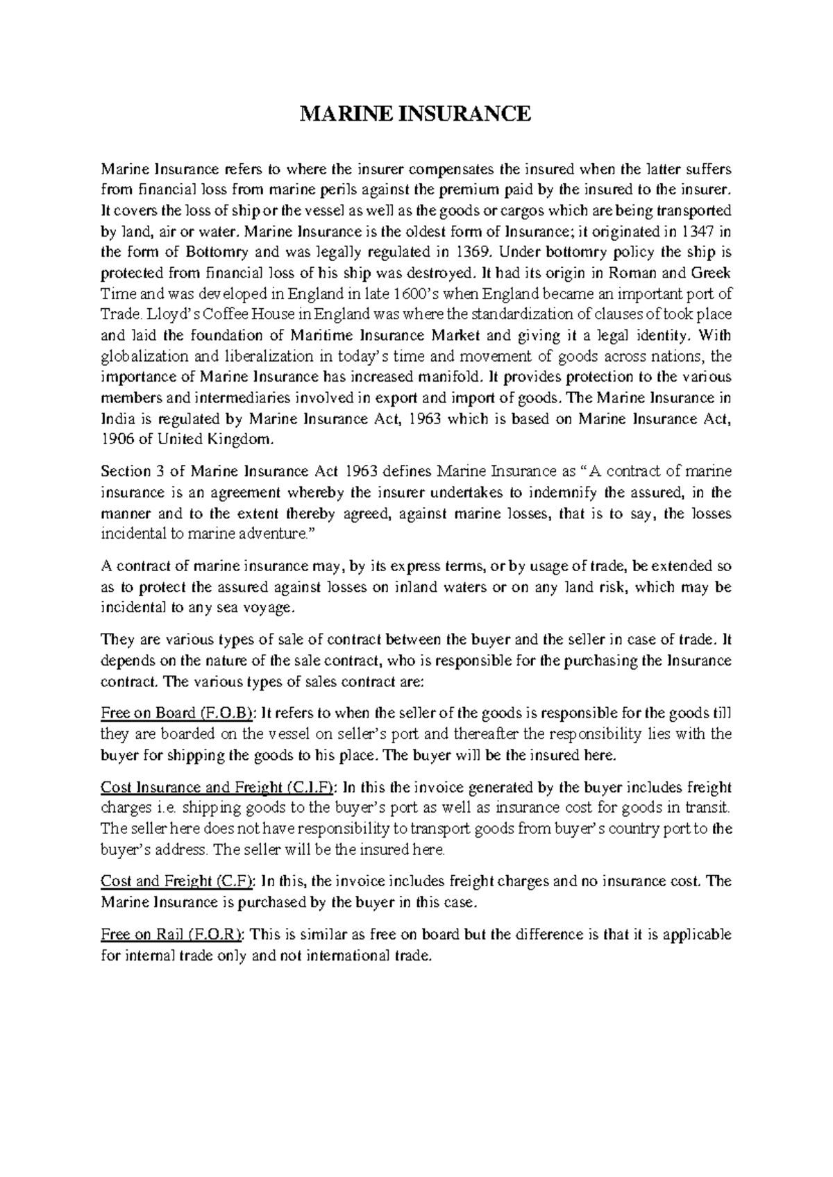Marine Insurance Notes: Comprehensive Overview and Key Concepts - Studocu