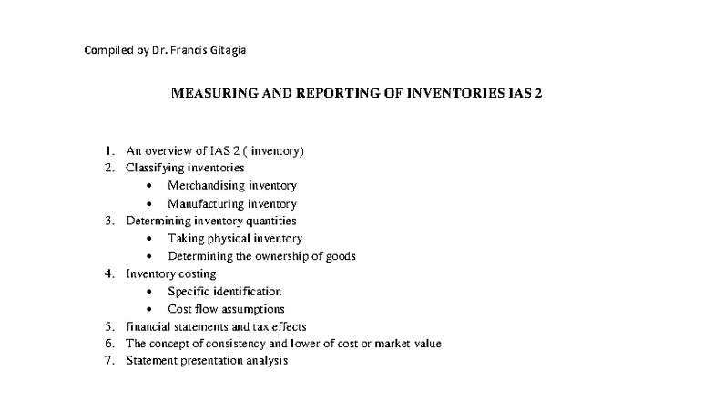 IAS 2 Inventory Measurement & Reporting Notes - Studocu