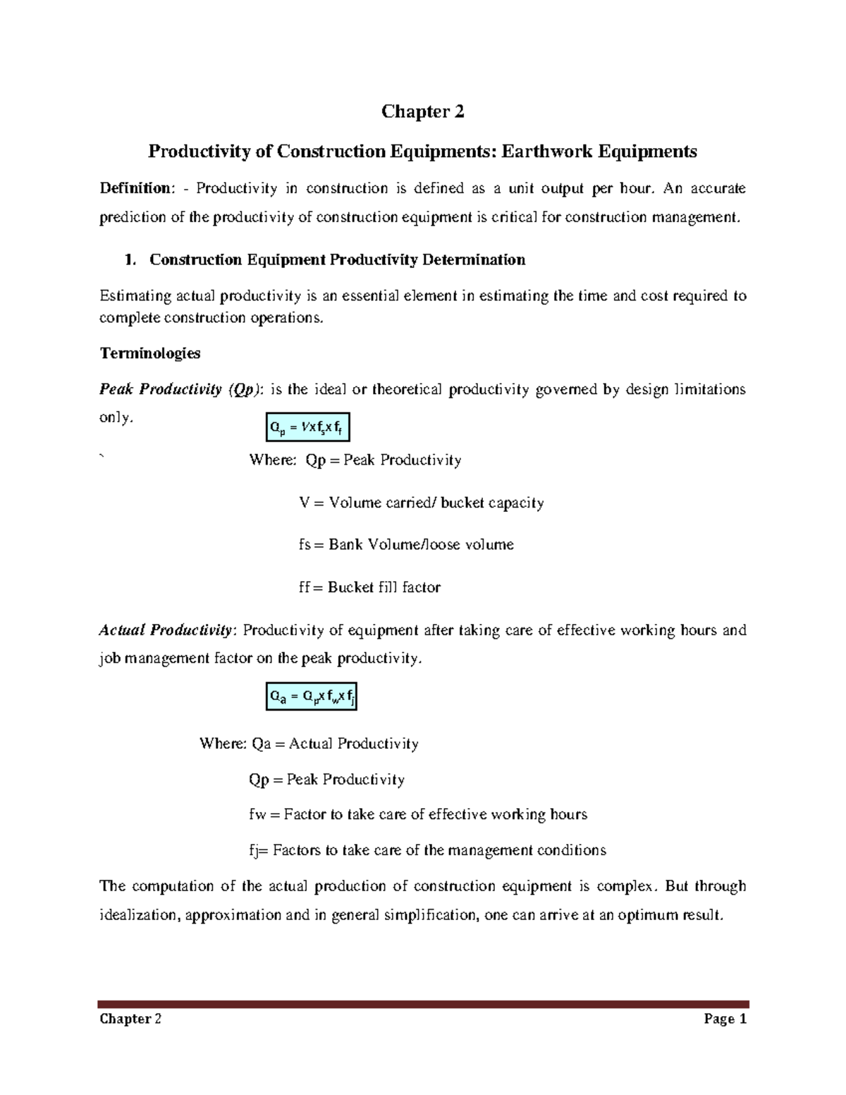 Chapter 2: Productivity of Construction Equipments (Lecture Notes ...