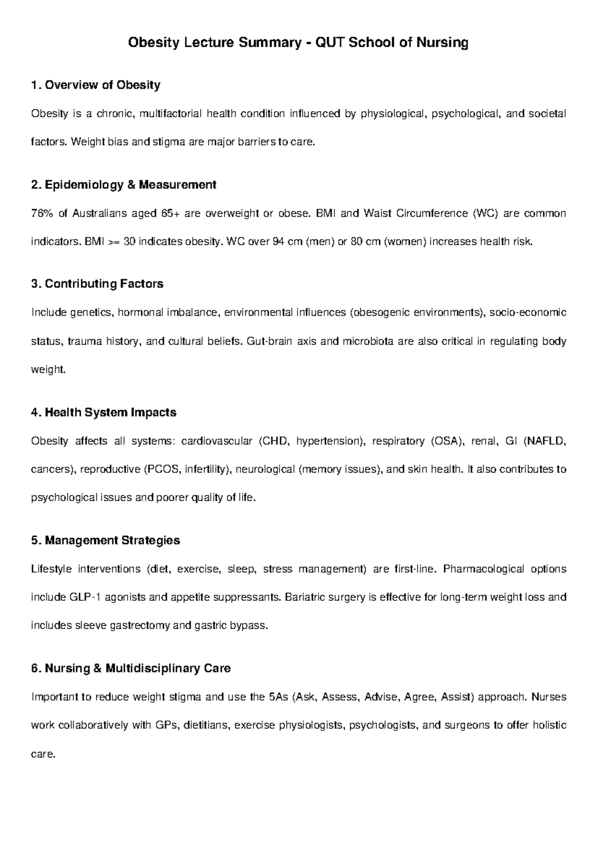 Obesity Lecture Summary - QUT Nursing: Key Insights & Management ...