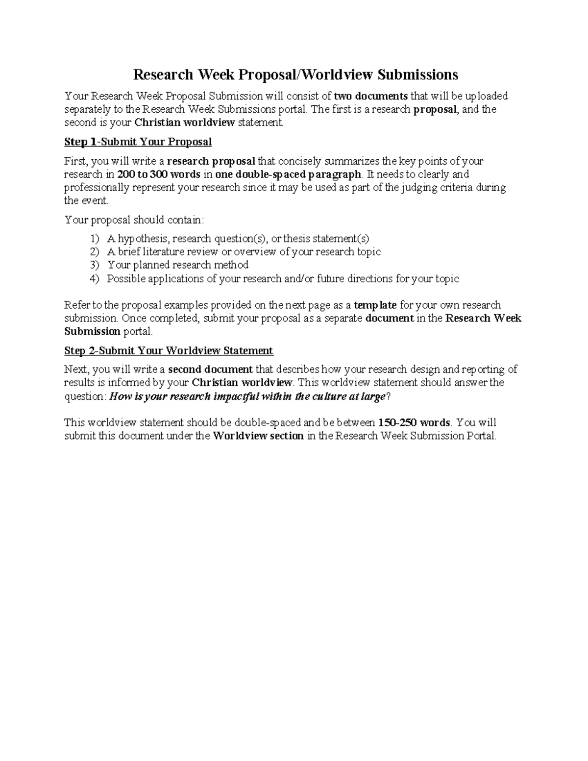 RW 2025 Research Week Proposal & Worldview Statement Guide - Studocu