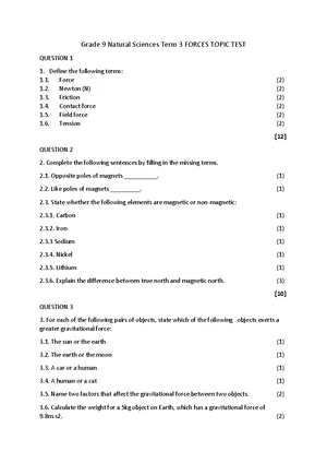 Grade 9 Natural Sciences Term 3 Forces Topic TEST - Grade 9 Natural ...