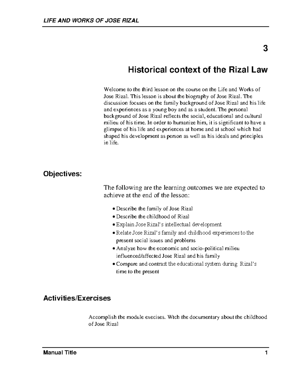 Lesson 3: Early Life and Intellectual Growth of Jose Rizal - Studocu