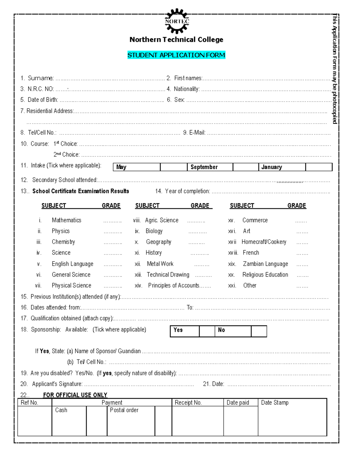 Northern Technical College Student Application Form - Studocu