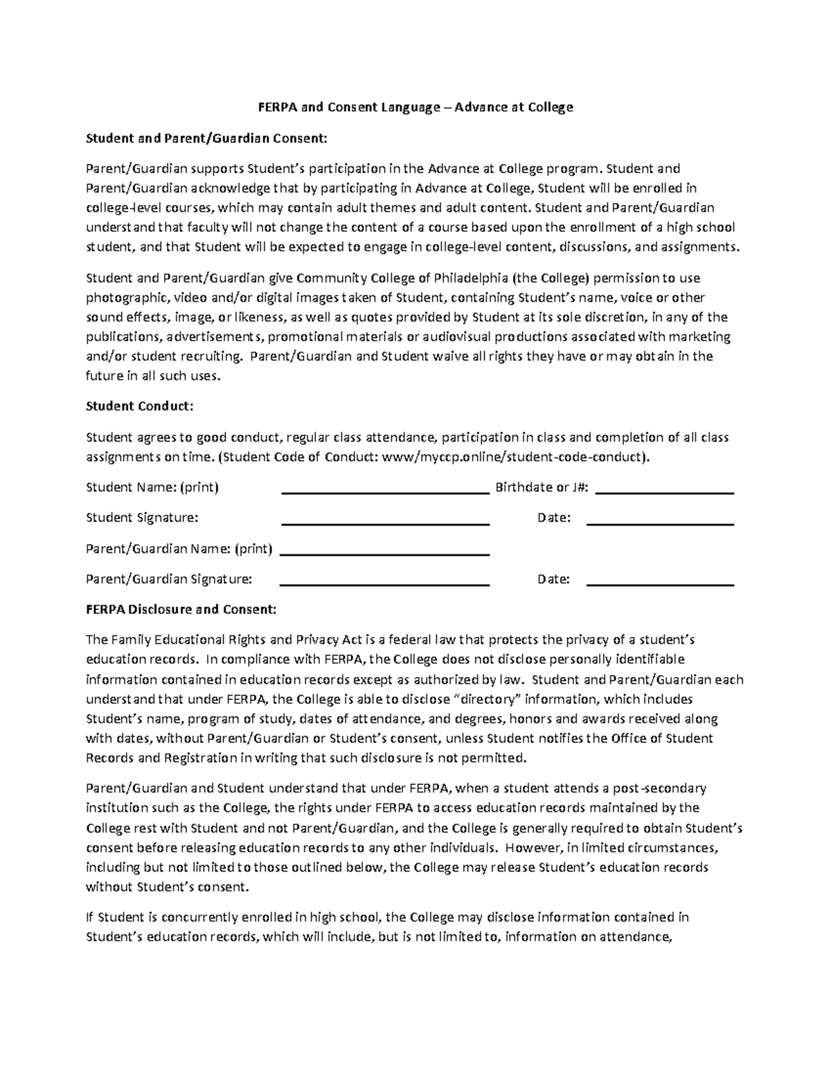 Advance at College FERPA & Consent Form - Studocu
