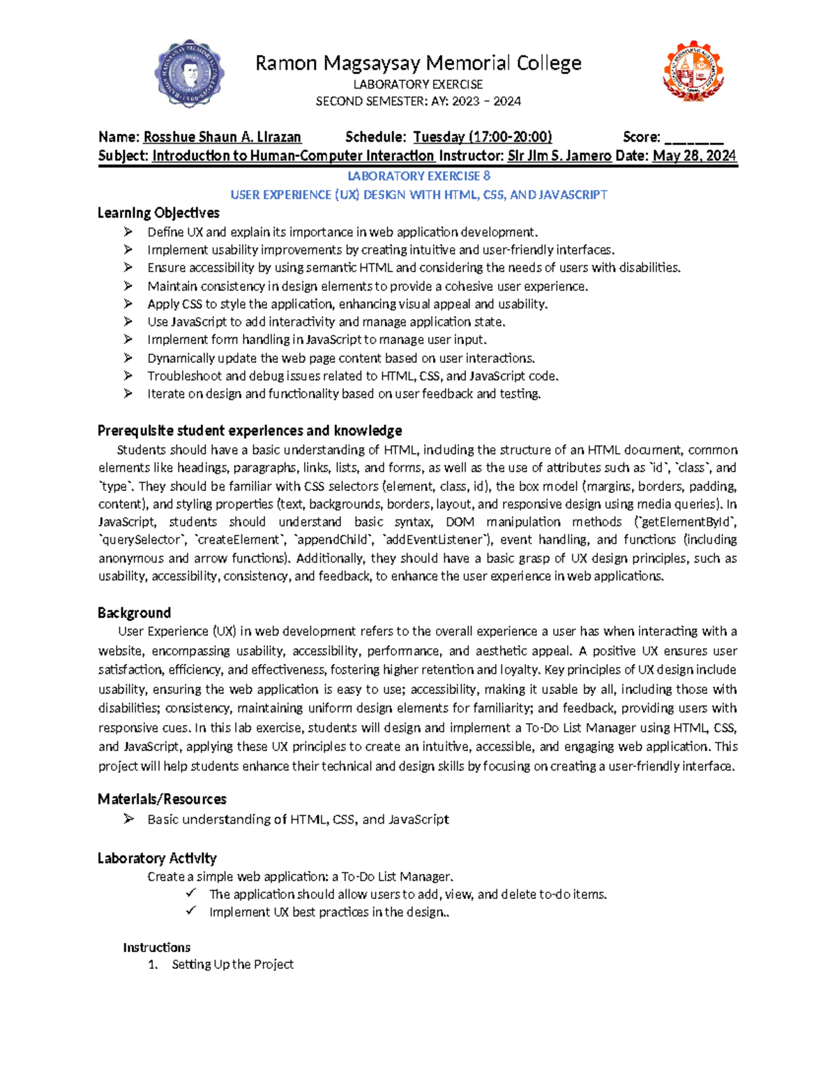 Laboratory Exercise 8 USER Experience (UX) Design WITH HTML, CSS, AND ...