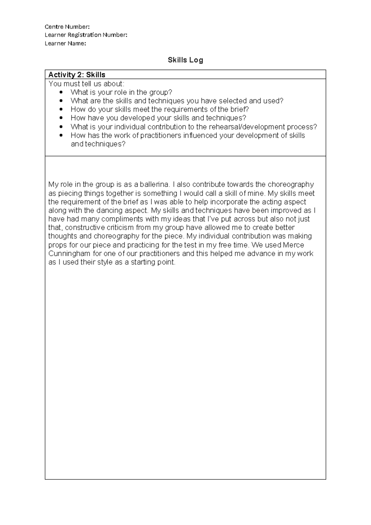 Component 3 Skills Log Template: Ballerina Role & Contributions - Studocu