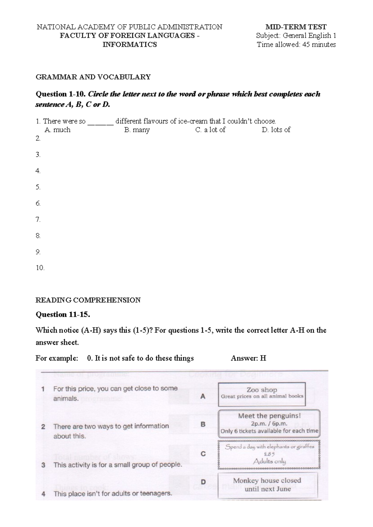 General English 1 Test: Grammar & Vocabulary (NAPA) - Studocu