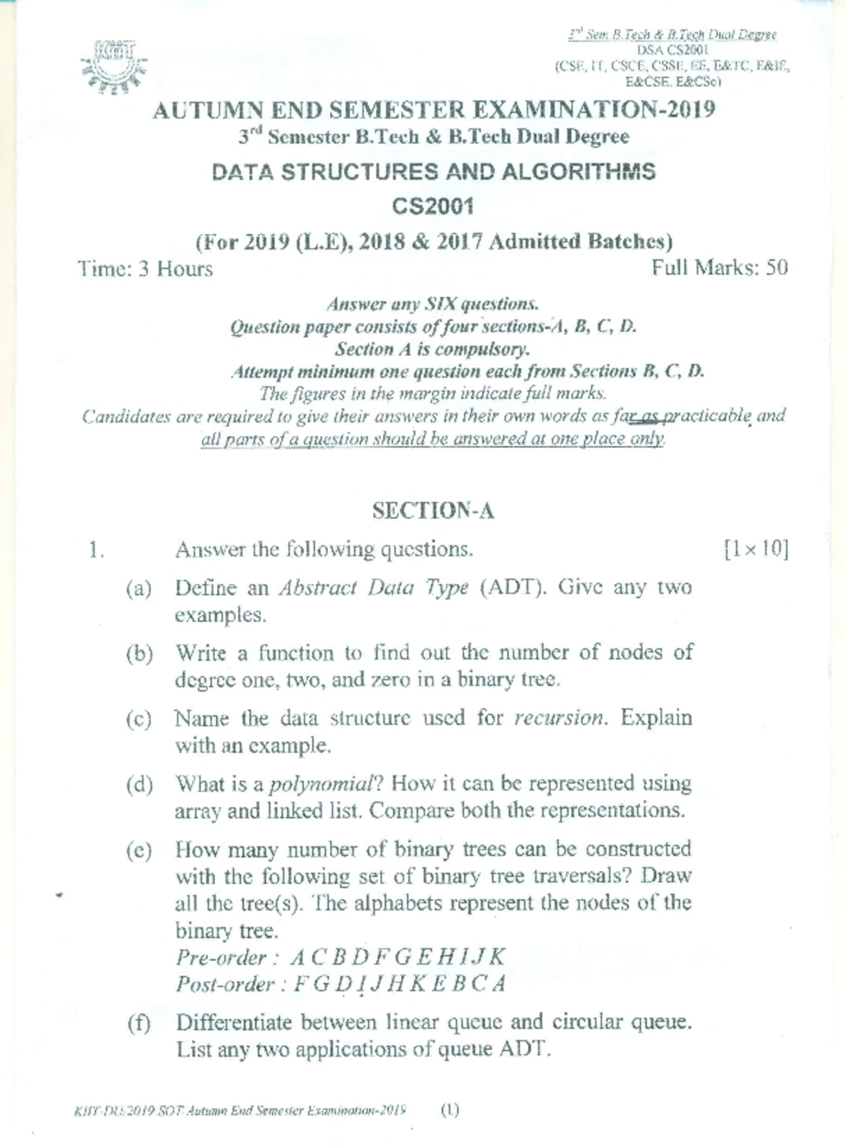 3RBB9E~1 - Question paper - 3rd Sem. B. Tech (Regular prev.) CS 301 ...
