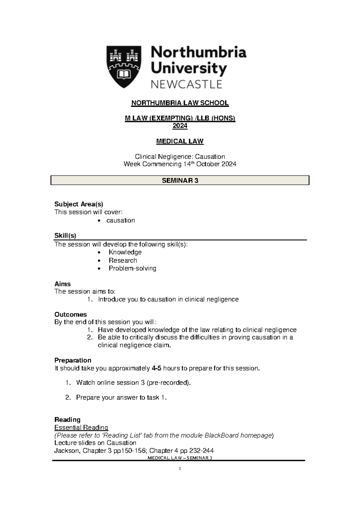 Medical Seminar 3 - med - MEDICAL LAW – SEMINAR 3 1 NORTHUMBRIA LAW ...