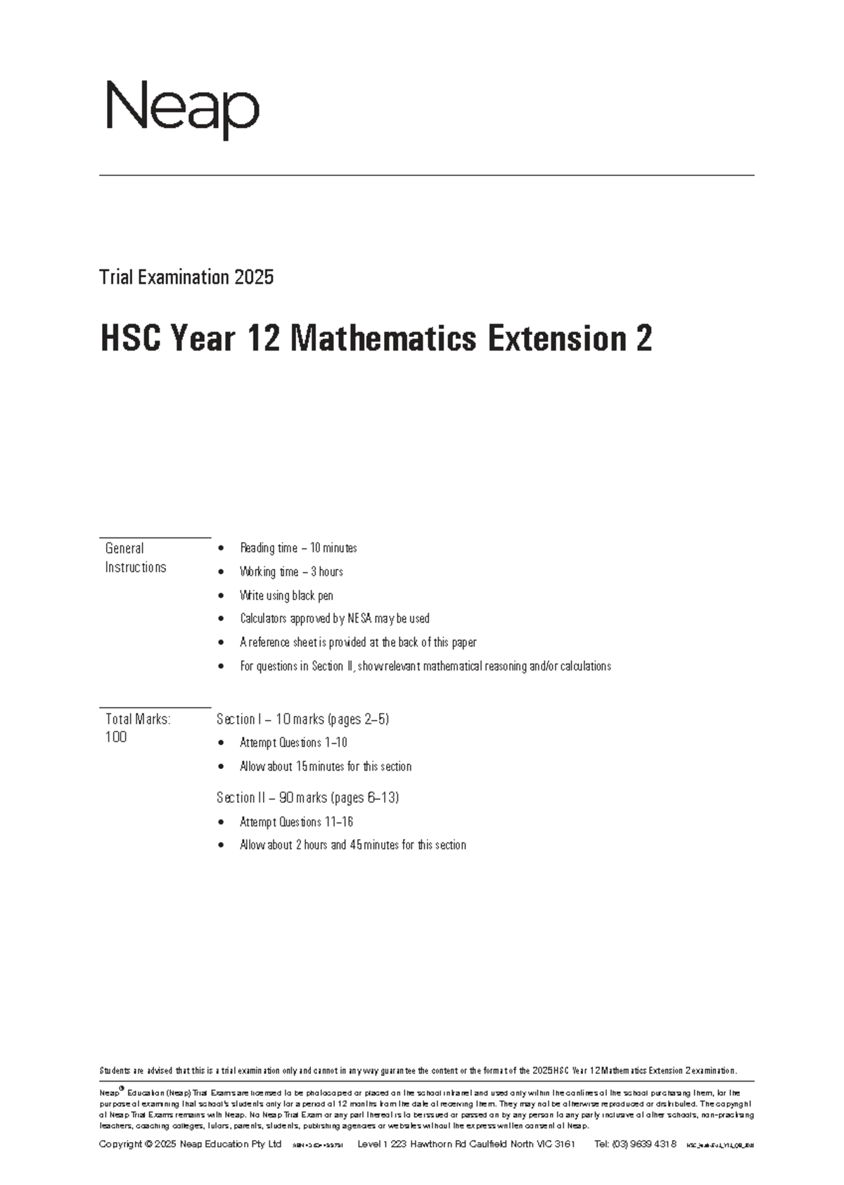 HSC Year 12 Mathematics Extension 2 Trial Exam 2025 - Q&A Booklet - Studocu