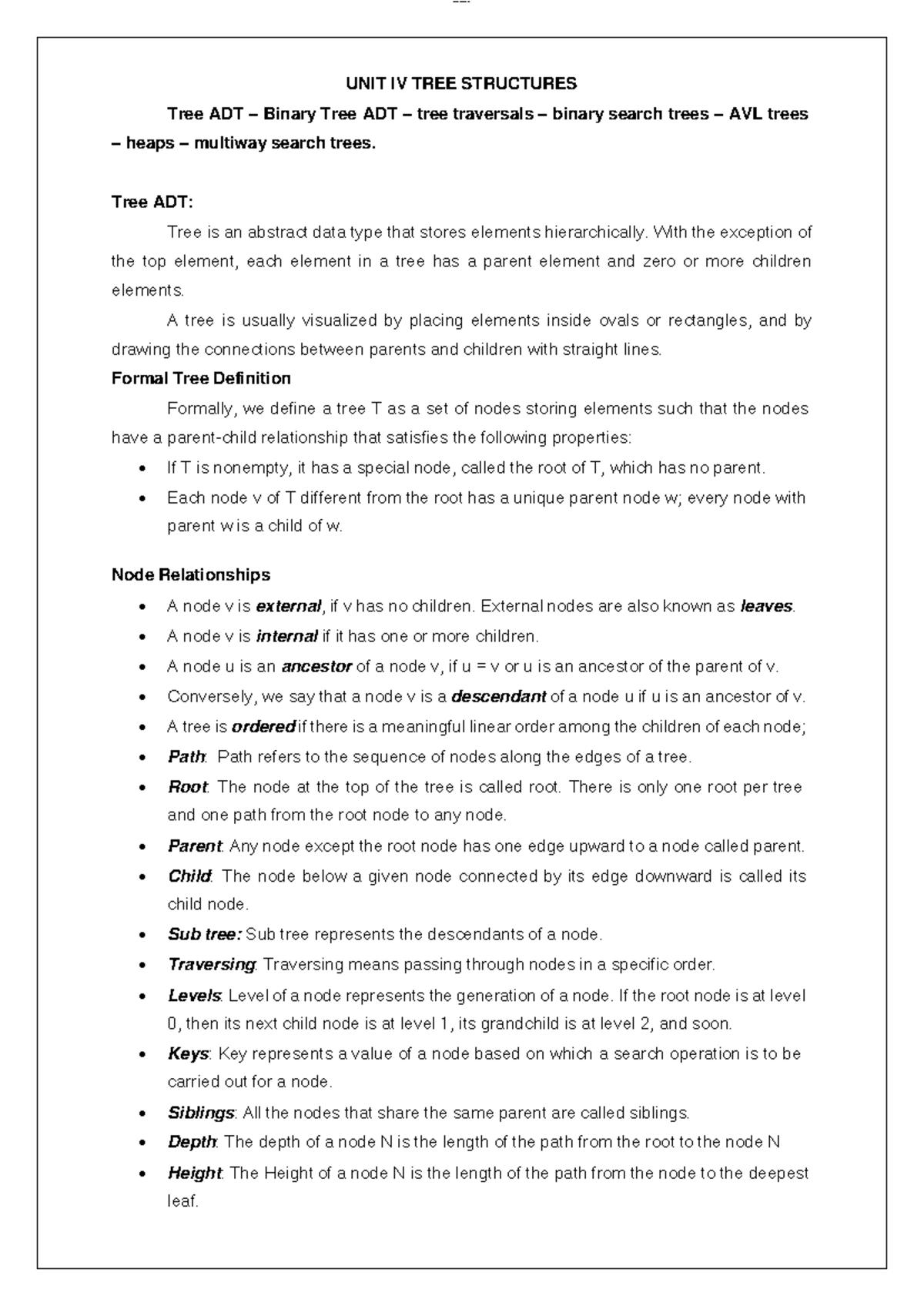 Unit IV - DSA: Tree Structures, ADTs, and Traversals - Studocu